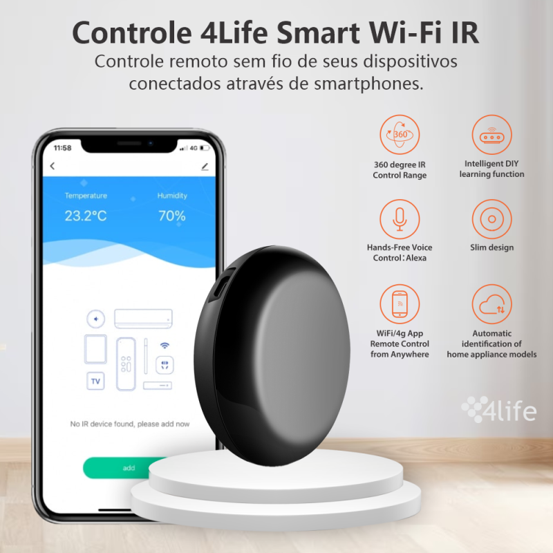Controle 4life Smart Wi-Fi Infravermelho Smartlink Universal FLHUB360 / 2.4GHz Compatível com ...