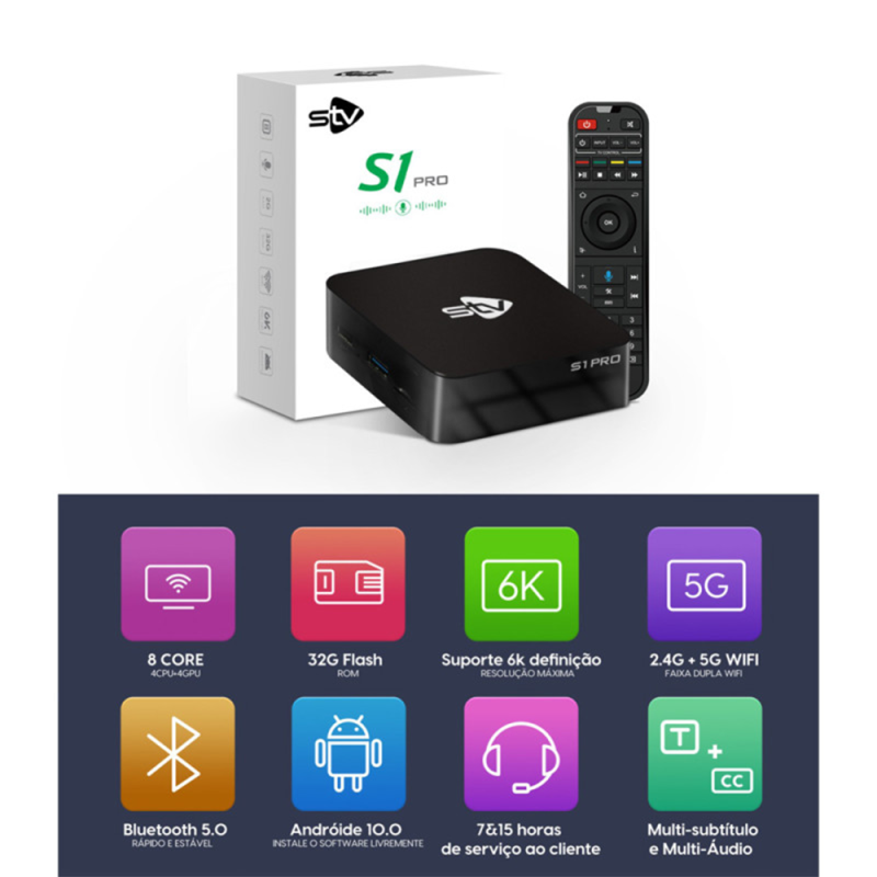 Receptor Inteligente IPTV STV S1 Pro Com Controle Por Voz/ 6K / 2GB Ram / 32GB / WIFI / Android ...