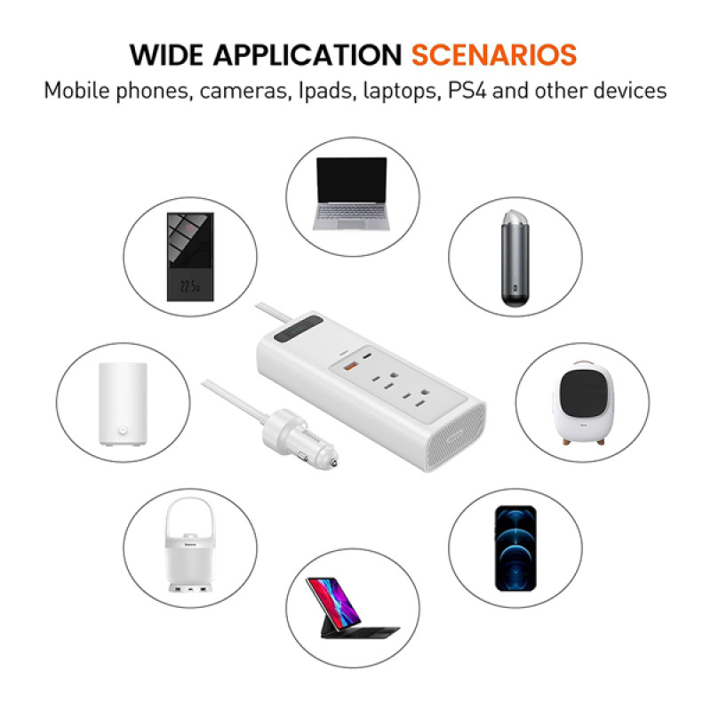 Inversor De Voltagem Para Carro Baseus 150 W (BS-CI15-1) USB-A / USB-C / 2 Tomadas / 110V - Branco