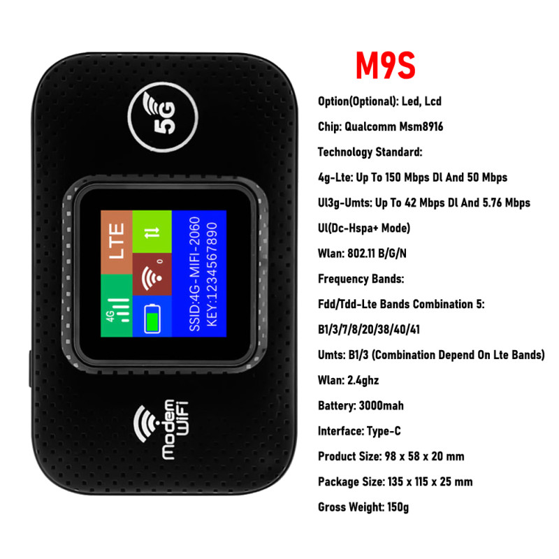 Modem Router M9S LTE 4G/5G Wifi Hospot / Recarregavel / 3000Mah / 300MBPS / Bandas (B1/B3/B5/B7 ...